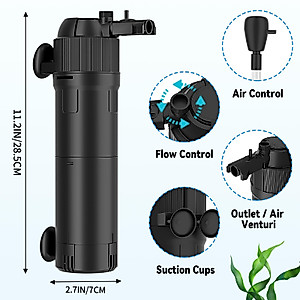 JAHEA Aquarium Filter w/Cycle U-V Light，Internal Green Water Killer Filter Aquarium Tank for 40-120 Gallon，130 GPH 5 in 1 Fish Tank Filter(6W U-V+5W Pump)