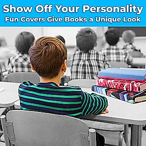 Easy Apply, Reusable Book Covers 6 Pk. Best Jumbo 9x11 Textbook Jacket for Back to School. Stretchable to Fit Most Medium Hardcover Books. Perfect Fun, Washable Designs for Girls, Boys, Kids and Teens