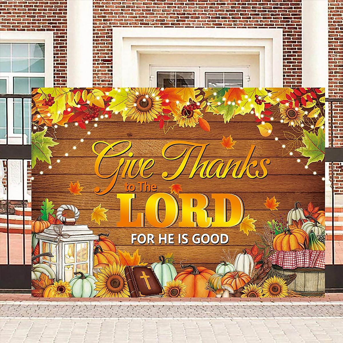 Give Thanks to The Lord Banner Backdrop 8x6FT Christian Thanksgiving Decorations Photography Background Autumn Maple Leaves Pumpkins Religious Thanksgiving Harvest Party Supplies Wall Decor