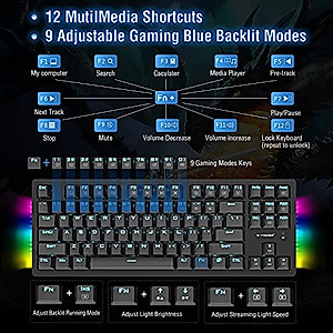 Mechanical Keyboard and Mouse Combo, E-YOOSO Blue Switches Wired Gaming Keyboard Mouse with 87 Keys, Mechanical Clicky Keyboard with Backlit & RGB LED Sidelight and Mouse Pad, for Windows/Mac/PC