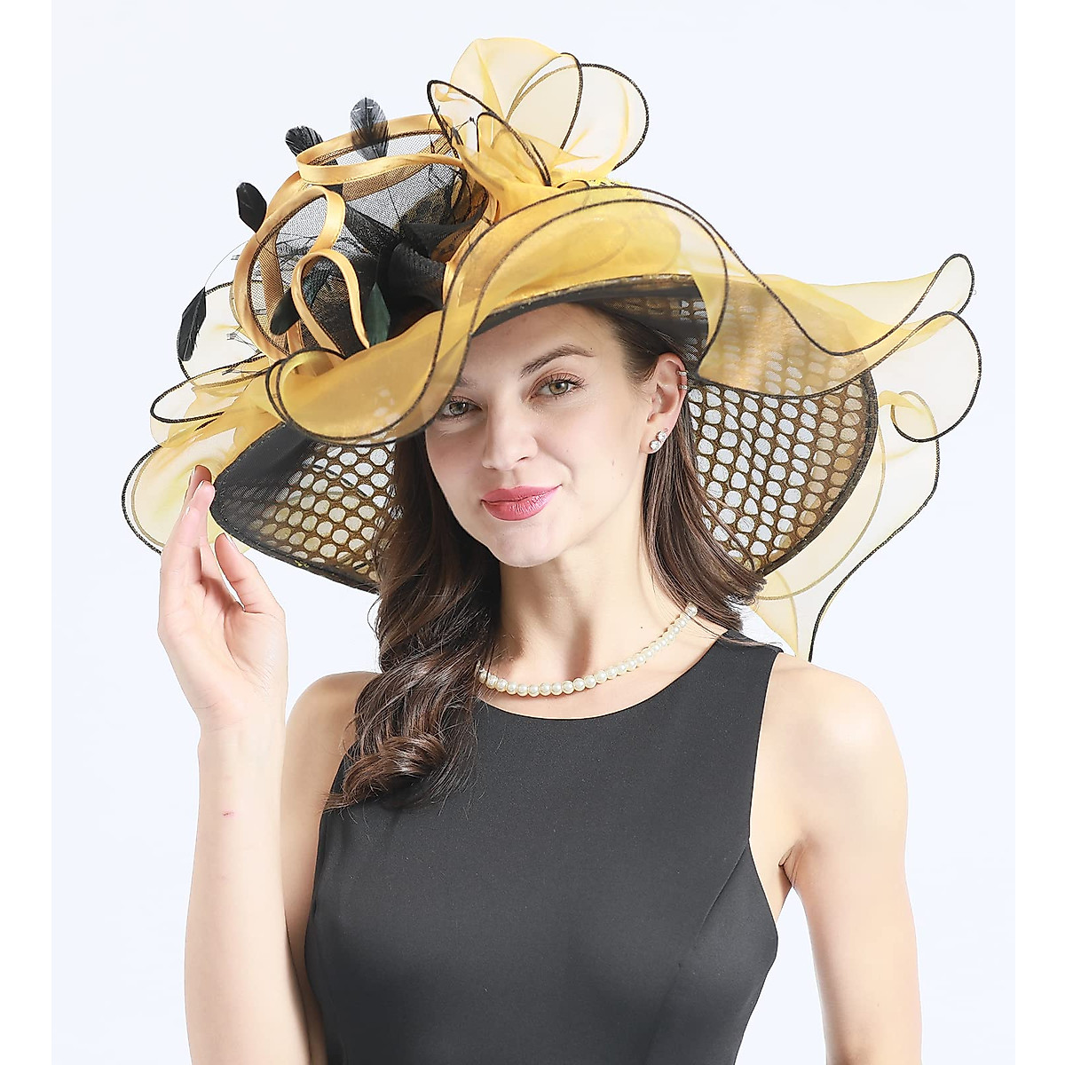 TLMNU Women Derby Church Hat Organza Flower Wedding Tea Party Fascinator Hat Wide Brim Sun Hat F5-Golden Hole