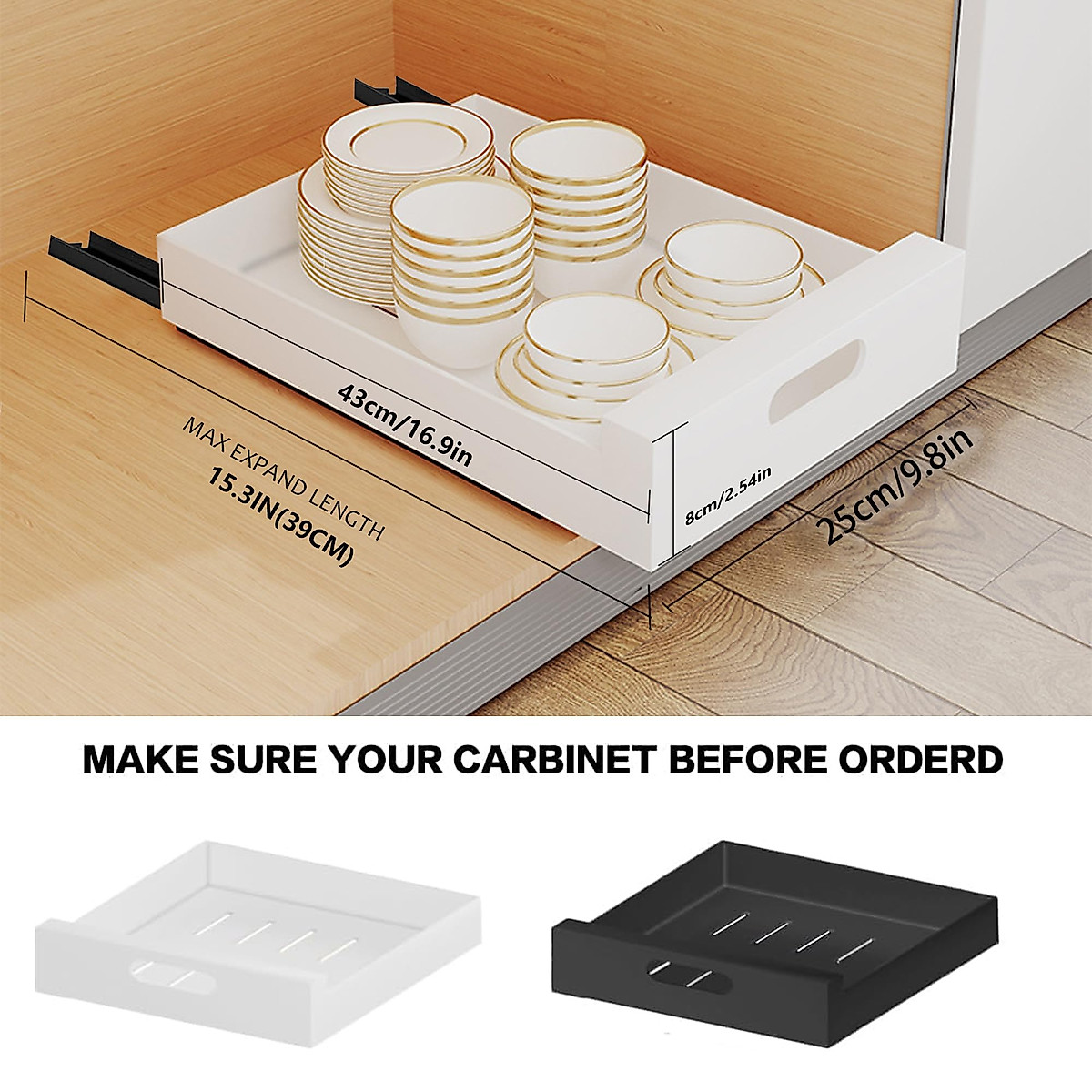 bealy 2 Pack Pull Out Drawers for Cabinets, 10" W Pull Out Cabinet Organizer Adhesive Sturdy Carbon Steel, Pull Out Shelves for Kitchen, Pantry and Bathroom Vanity, 10" W x 16.9" D x 3.1" H