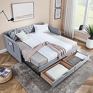 Antetek 80.5" Daybed with Drawer, Modern Button Tufted Linen Day Bed with Trundle Bed Twin to King, Upholstered Daybed Frame w/Storage Pocket for Bedroom, Living Room, No Box Spring Needed, Grey