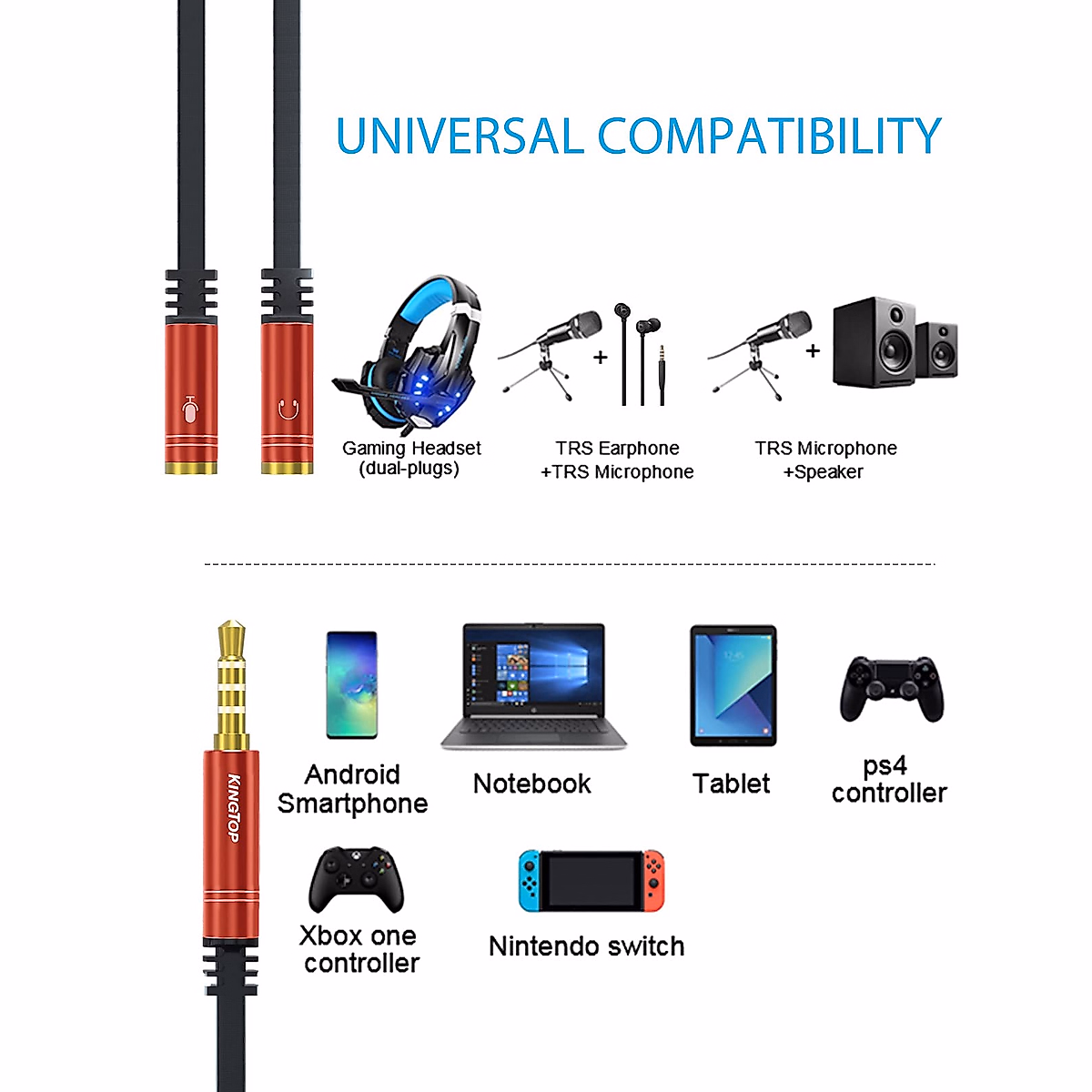 KINGTOP 3.5mm Combo Audio Adapter Cable Compatible for PS4,PS5,Xbox One S,Switch,Tablet,Mobile Phone,PC Gaming Headsets and New Version Laptop (Red)