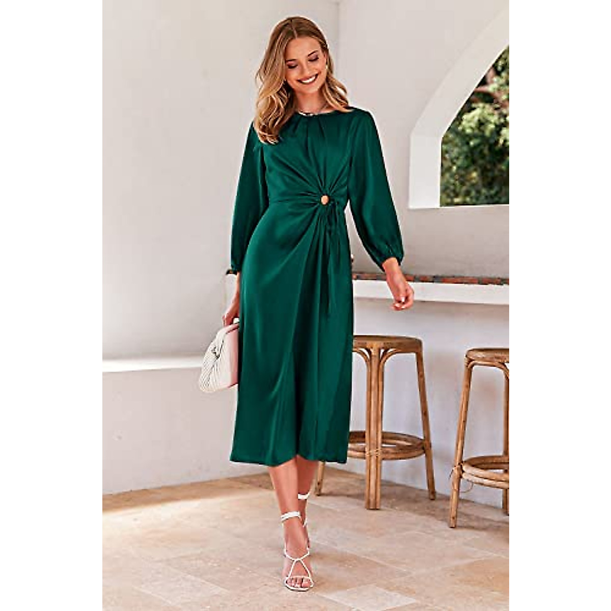 PRETTYGARDEN Women's 2023 Satin Maxi Dress Puff Long Sleeve Crewneck Cutout Casual A-line Long Flowy Dresses (Dark Green,X-Large)