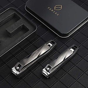 FERYES Nail Clippers with Catcher 2 PCS Set, No Splash Fingernail Clipper and Toenail Clipper, Stainless Steel Nail Cutters - W/Black Metal Case Packing