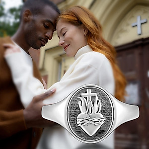 S925 Sterling Silver Flaming Sacred Heart Rings Catholic Faith Charm Women Signet Ring Adjustable Love of God Thorn Jewelry Easter Gifts, Size 7