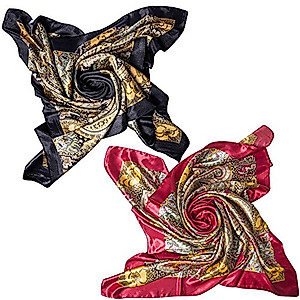 2 PCS Womens Satin Scarf Large Square Silk Feeling Head Hair Scarves Wraps for Sleeping 35 x 35 inches,Black&Wine Red