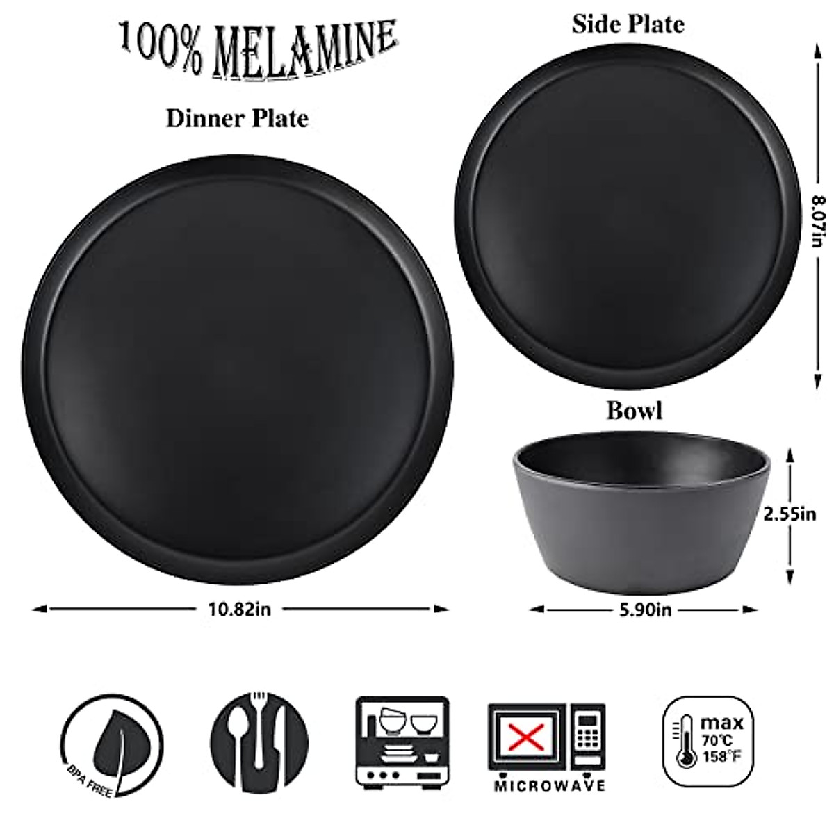afcevnlb 12-Piece Plastic Dinnerware Set Plates and Bowls Sets Service for 4 Matte Black Melamine Plates Unbreakable Plastic Outdoor Camping Dishes Decor Dishwasher Safe