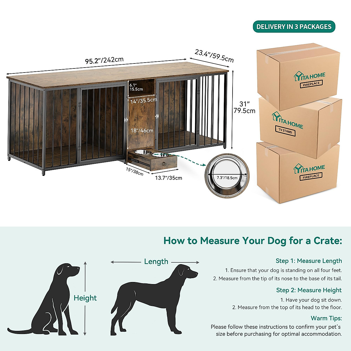 YITAHOME Double Dog Crate Furniture 94.5 inch with Feeder Bowls, Large Breed Dog Kennel with Divider and Storage Drawer, Heavy Duty Dog House TV Stand Indoor for 2 Large/Medium Dogs, Brown