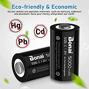 BONAI Rechargeable C Batteries 5,000mAh 1.2V Ni-MH High Capacity High Rate C Size Battery C Cell Rechargeable Batteries (8 Pack)