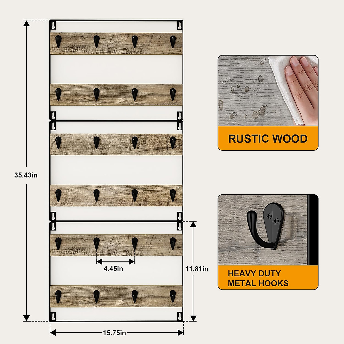 IBUYKE Mug Racks for Wall,Set of 3, 24-Hook Large Mug Rack Wall Mounted, Rustic Wood Coffee Mug Display Organizer for Kitchen, Home,Bar, Coffee Station,Greige UTBJ005Y-3