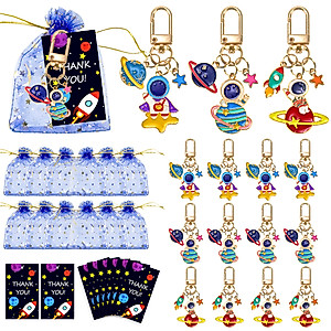 Astronaut Space Party Favors, Astronaut Space Keychain Party Favors 12 Sets with Thank You Tags and Dark Blue Organza Bags for Birthday Party Baby Shower Holiday