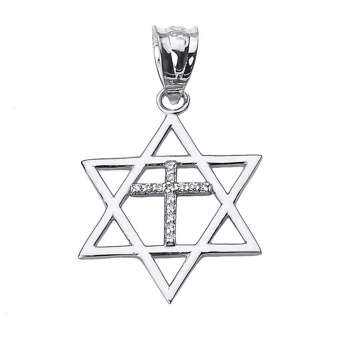 High Polish 10k White Gold Jewish Charm Star Diamond Cross of David Pendant