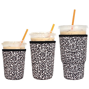 3 Pack Reusable Iced Coffee Sleeves - Xumbtvs Insulator Sleeve for Cold Beverages, Neoprene Cup Holder for Starbucks Coffee, Dunkin Coffee, More(Leopard print)