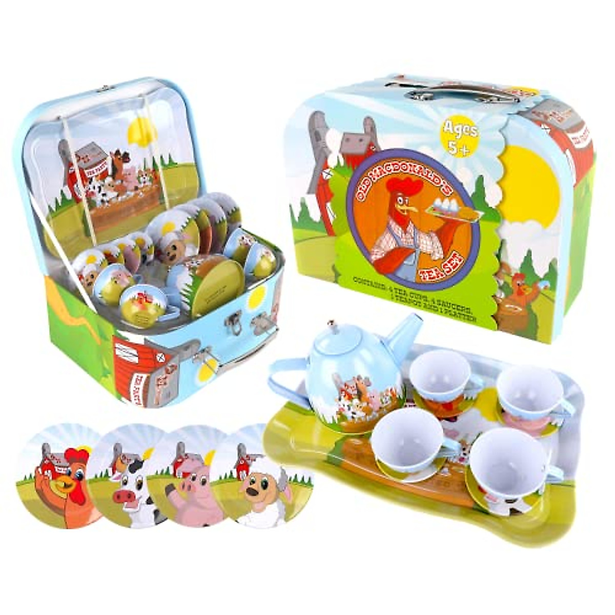 Regal Games Old Macdonald’s Tea Time - Barnyard Animal Designed Kid's Tea Time Set - includes 1 Teapot, 4 Cups, 4 Saucers, 1 Platter & Storage Case - Ideal Birthday & Easter Gift for Ages 5+