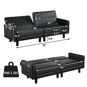 Convertible Futon Sofa Bed Upholstered Sofa Couch Sleeper with Adjustable Backrest and Side Pockets Loveseat Sofa for Living Room Dorm