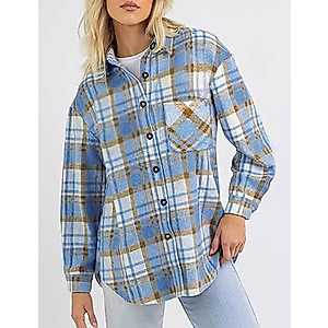LUYAA Plaid Shirts for Women Long Sleeve Oversized Flannel Shirts Shacket Fleece Lined Coat Trendy 2023 Clothing Blue S