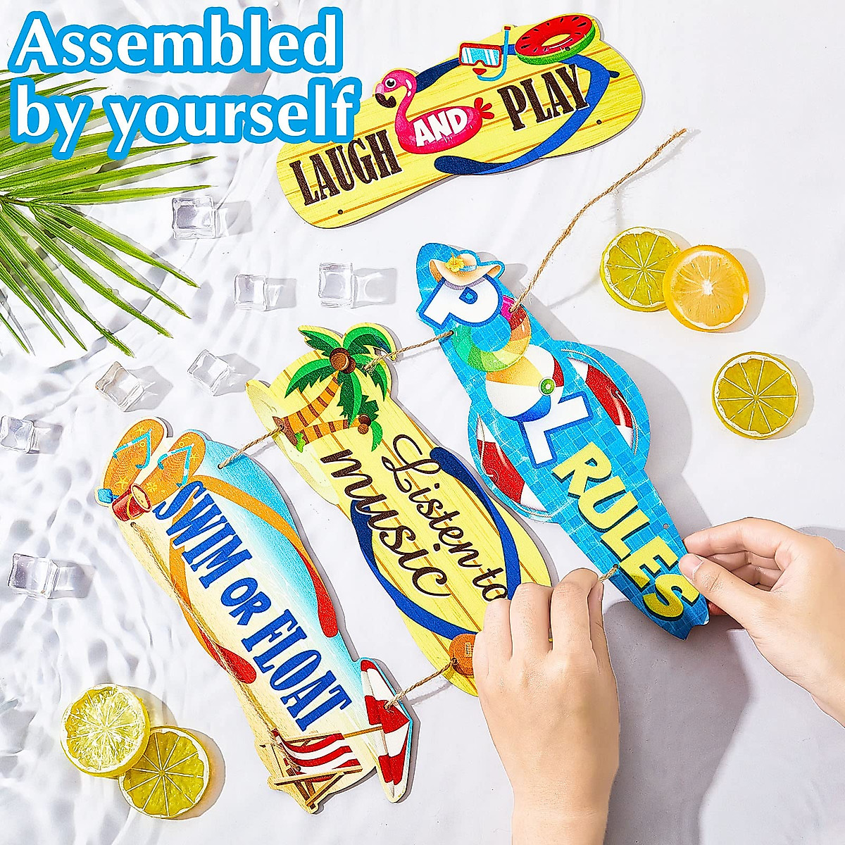 6 Pack Wooden Pool Rules Signs 4 x 11 Inch Summer Slippers Hanging Wooden Sign Outdoor Decorations for Swimming Pool Decor, Assemble by Yourself