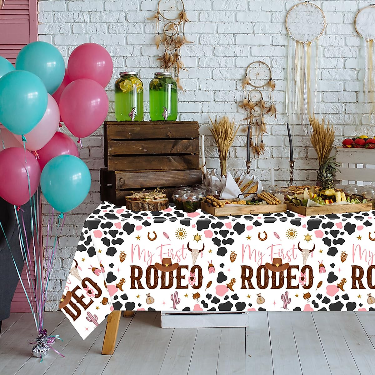 3Pcs My First Rodeo Tablecloths-Cowgirl Baby Shower Decorations Pink Cow Print Western Disposable Rectangular Plastic Table Covers First Rodeo Birthday Party Supplies Girl