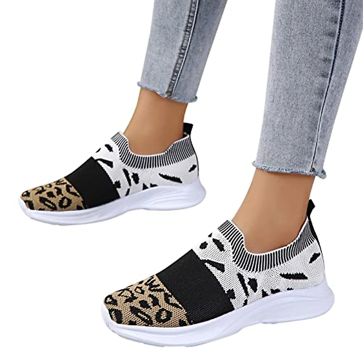 Ladies Fashion Leopard Print Mesh Breathable Platform Casual Breathable Sneakers Women Slip on (Brown, 6.5)