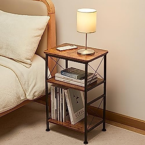 ruboka 3-Tier Small End Table, Small Side Table with Storage Shelf, Small Bookshelf with Metal Frame for Small Spaces, Nightstand, Bookcase, Display Rack for Bedroom, Living Room.
