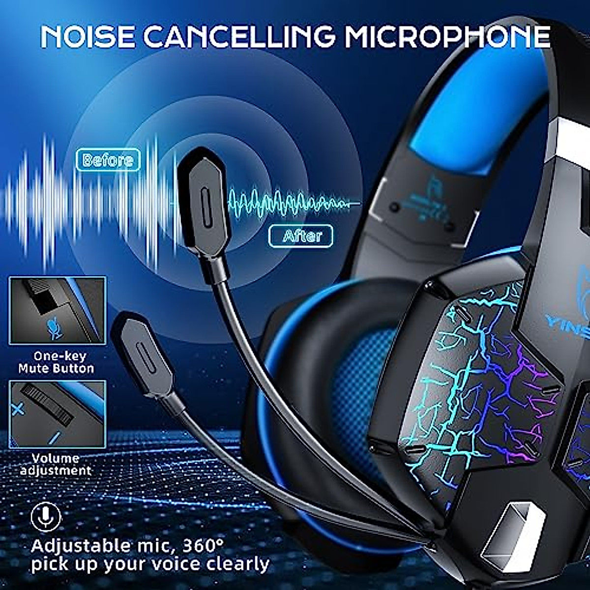 YINSAN Gaming Headset with Mic for PS4 PS5 Xbox Series X|S Nintendo Switch Xbox One PC, Wired Over Ear Gaming Headphones with Surround Sound, Noise-Cancelling, RGB Light, One-Key Mute Button