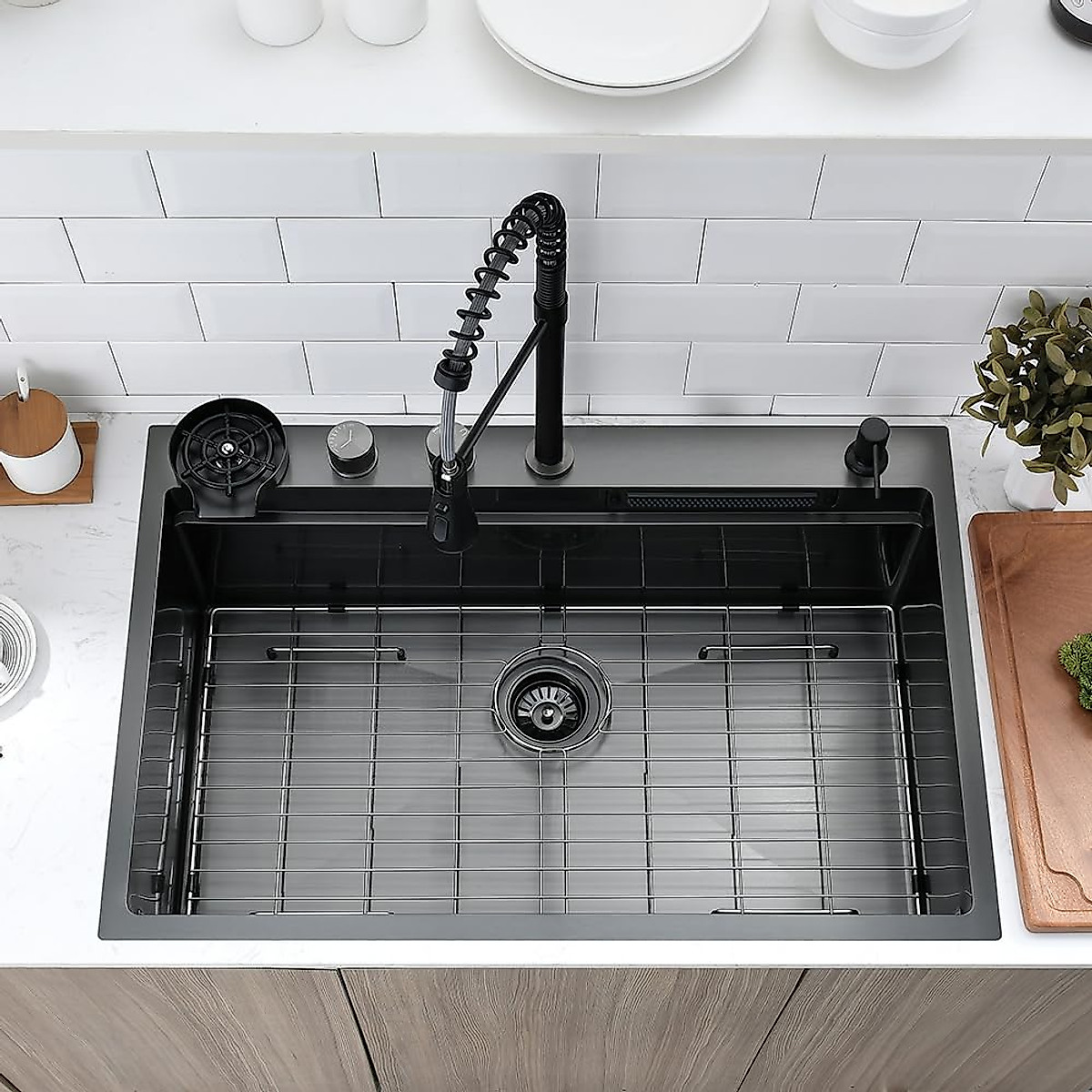 WMXQX 33 Inch Black Waterfall Kitchen Sink with Faucet Combo, 33x22 Waterfall Drop In Kitchen Sink Workstation 16 Gauge Stainless Steel Smart Double Waterfall Sink Single Bowl Kitchen Sink with Faucet