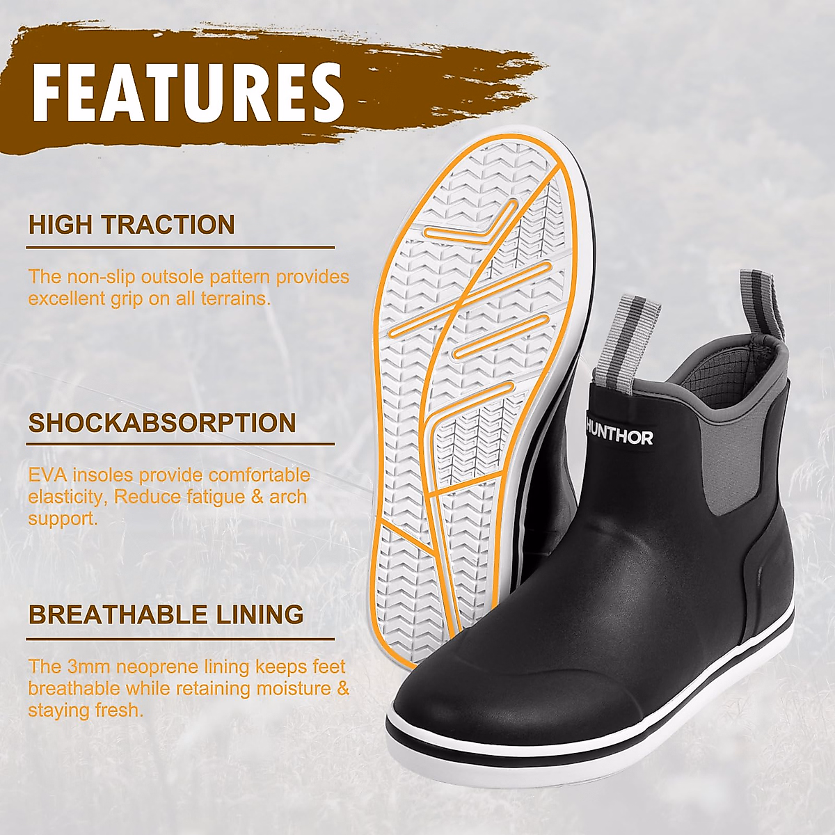 Hunthor Men’s Fishing Boots, Waterproof Deck Boots Anti-Slip Rubber 3mm Breathable Neoprene Rain boots. Ideal for Fishing and Outdoor Activities