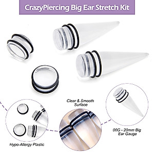 CrazyPiercing Big Ear Gauges Kit 24 Pieces Acrylic Tapers and Plugs Double O-rings Stretching Set