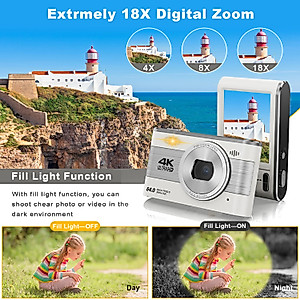 Rawiemy 64MP 4K Kids Digital Camera with 64GB Card, 18X Digital Zoom, Point and Shoot, Portable, White