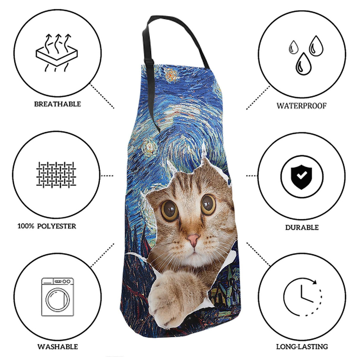 DZGlobal Starry Night Cat Apron Art with Lovely Pet Unisex Kitchen Bib with Adjustable Neck for Cooking Gardening Adult Size, Blue