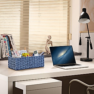 Vagusicc 3-Section Wicker Storage Basket, Hand-Woven Paper Rope Wicker Baskets,Toilet Paper Basket for Toilet Tank Top, Small Wicker Baskets for Organizing, 2-Pack, Blue