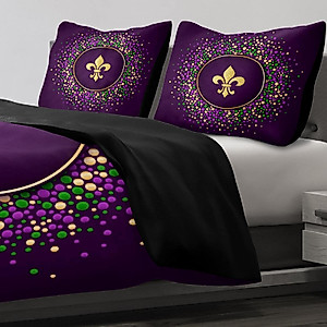 Wu5dra Duvet Covers Set Queen Size Mardi Gras Golden Glitter Fleur De Lis - Soft and Breathable Microfiber Comforter Bedding Set with Zipper Closure for Kids Women Men, 1 Duvet Cover 2 Pillowcase
