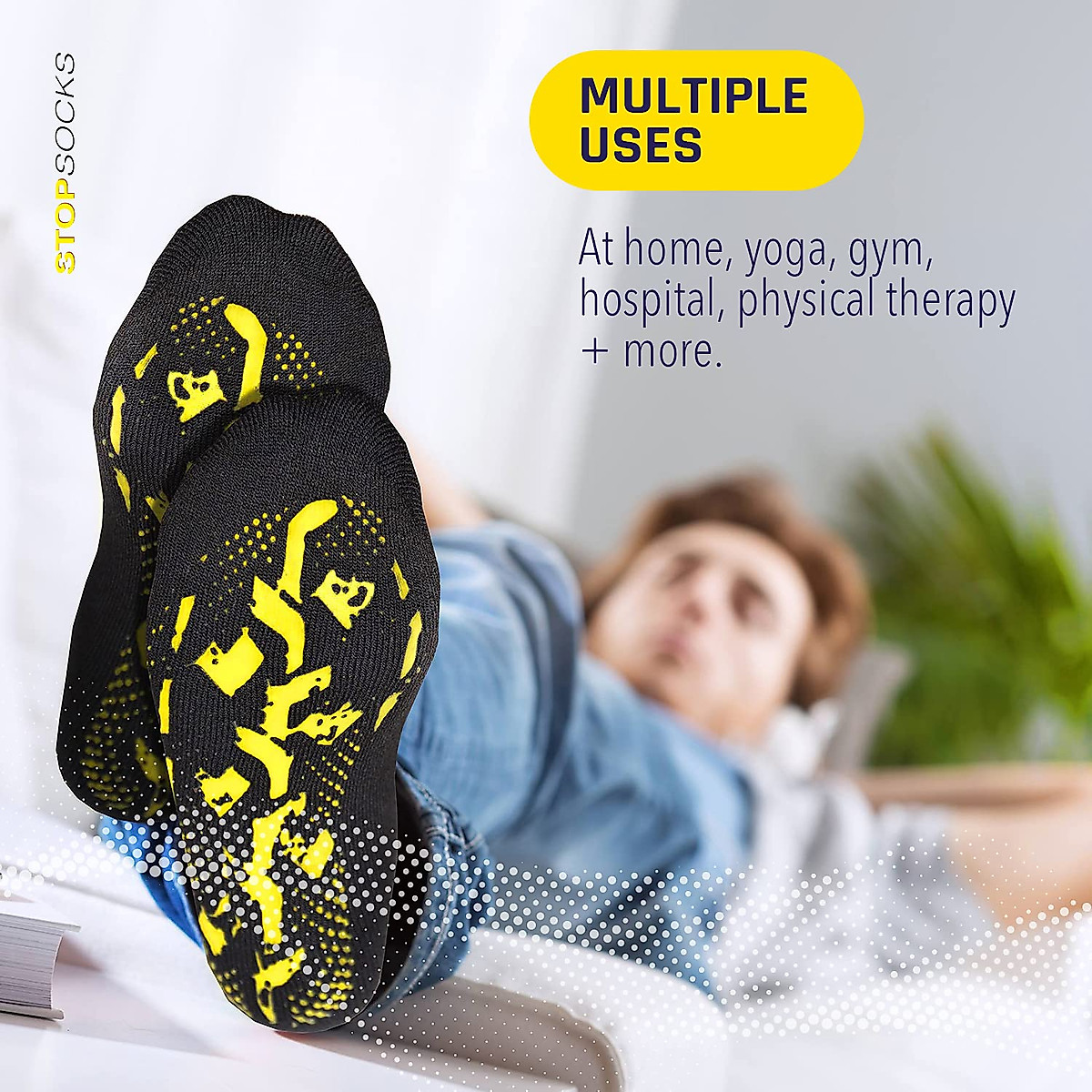 StopSocks - Hospital Socks Plus Yoga, Traction, Gym, Tread, Non Skid, Anti Slip Socks - Megaformer Plus The Perfect Running Sock Grey / Yellow - Crew - 3 Pack Large
