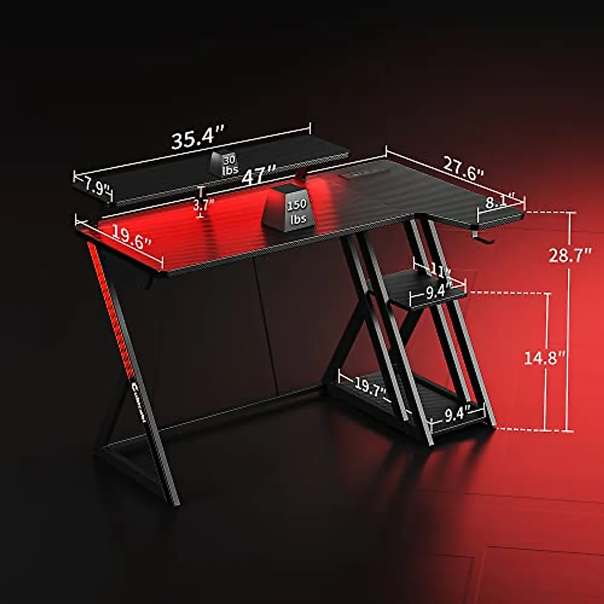 CubiCubi Gaming Desk with LED Lights & Power Outlets, 47 Inch L Shaped Carbon Fiber Surface Desk with Storage Shelves, Small Corner Computer Desk with Monitor Shelf, Black