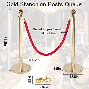 Gold Crowd Control Stanchions, Red Velvet Rope Stanchion Set, Stanchion Posts Queue Pole with 5 ft/1.5 m Red Velvet Rope - Stanchions and Velvet Ropes for Movie Theater (38 Inch, 4Pcs)