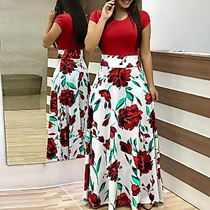 ADHOWBEW Flowy Dresses for Women Short Sleeve Empire Waist Floral Maxi Dress 2024 Summer Fashion Casual Plus Size Boho Long Sundresses Clothing Vestidos De Verano para Mujer,H-Red 4XL