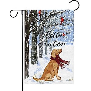 Hello Winter Dog Garden Flag 12x18 Double Sided, Burlap Farmhouse Small Golden Cardinal Retriever Garden Yard Flags for Winter Seasonal Outside Outdoor House Holiday Decor (ONLY FLAG)