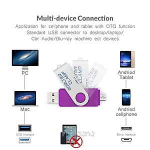 BorlterClamp 128GB USB 3.0 Flash Drive Dual Port Memory Stick, OTG Swivel Pen Drive with Micro USB Drive Port for Android Smartphone Tablet & Computer (Purple)