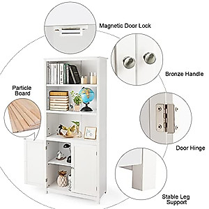 Tangkula Bookcase with Doors, 3 Tier Open Book Shelving, Standing Wooden Display Bookcase with Double Doors, Ideal for Home Bedroom, Living Room, Office, Library with Doors, White Finish (White)