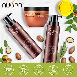 Nuspa Moroccan Argan Oil Hair Care Set - Sulfate Free for Damaged, Dry, Frizzy, Color Safe, Keratin Treated Hair with Long Lasting Shine