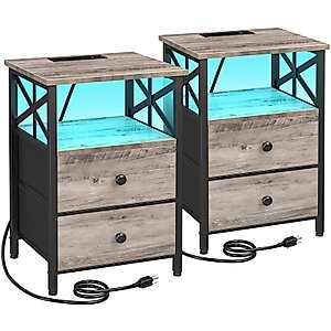 AMHANCIBLE Night Stand Set 2, LED Nightstands for Bedroom Set of 2 with Charging Station, End Table with USB Port and Outlet, Side Table with 2 Storage Drawers for Living Room, Greige, HET052LGY