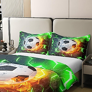 Erosebridal Kids Soccer 100% Cotton Duvet Cover Full Size,Football Bedding Set for Boys Room Decor,Green Gradient Hexagon Comforter Cover Soccer Gifts for Teen Girls,Geometric Honeycomb Bed Set