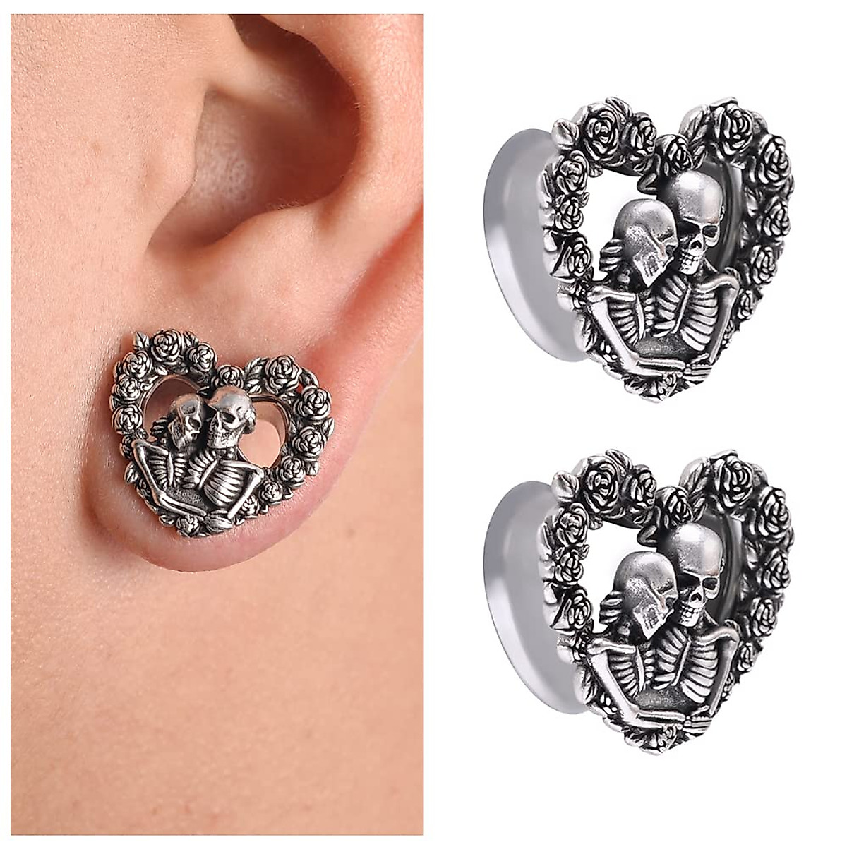 COOEAR Heart Ear Plugs Stainless Steel Tunnels Flared Shape Gauges Skull Stretcher Expander Earrings Size 0g to 1 inch.