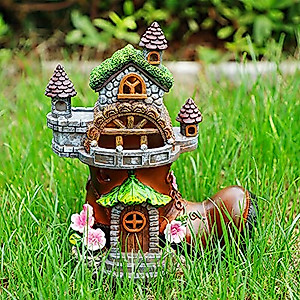 FORUP 10 Inch Fairy House Garden Statues with Boots, Fairy Garden Decor House Kit, Solar Powered Lights Garden Figurine for Outdoor Patio Lawn Yard Garden Decorations