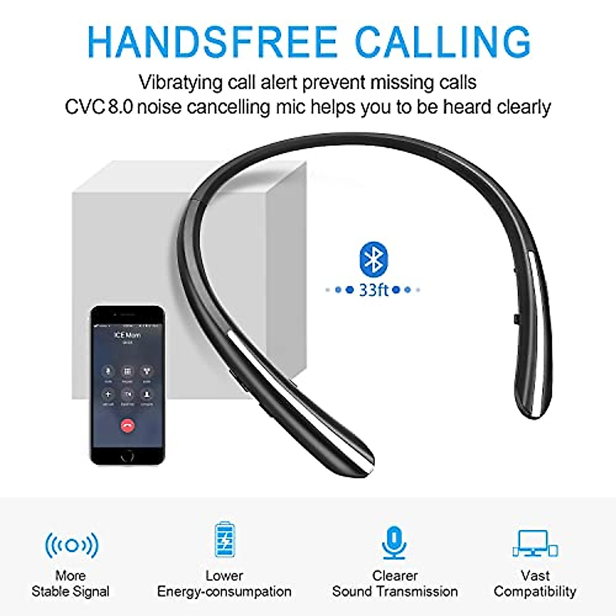 Retractable Bluetooth Headphones Neckband, Wireless Headsets Stereo Earbuds Earphone Noise Canceling with Mic Compatible with iPhone,Samsung,Android,iPad,PC