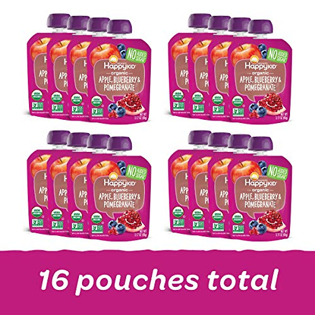 Happy Kid Organic Superfoods Twist Apple Blueberry Pomegranate, 3.17 Ounce Pouch (Pack of 16) Baby Toddler Kid Snack, Resealable, No Added Sugar Non-GMO Kosher (Packaging May Vary)