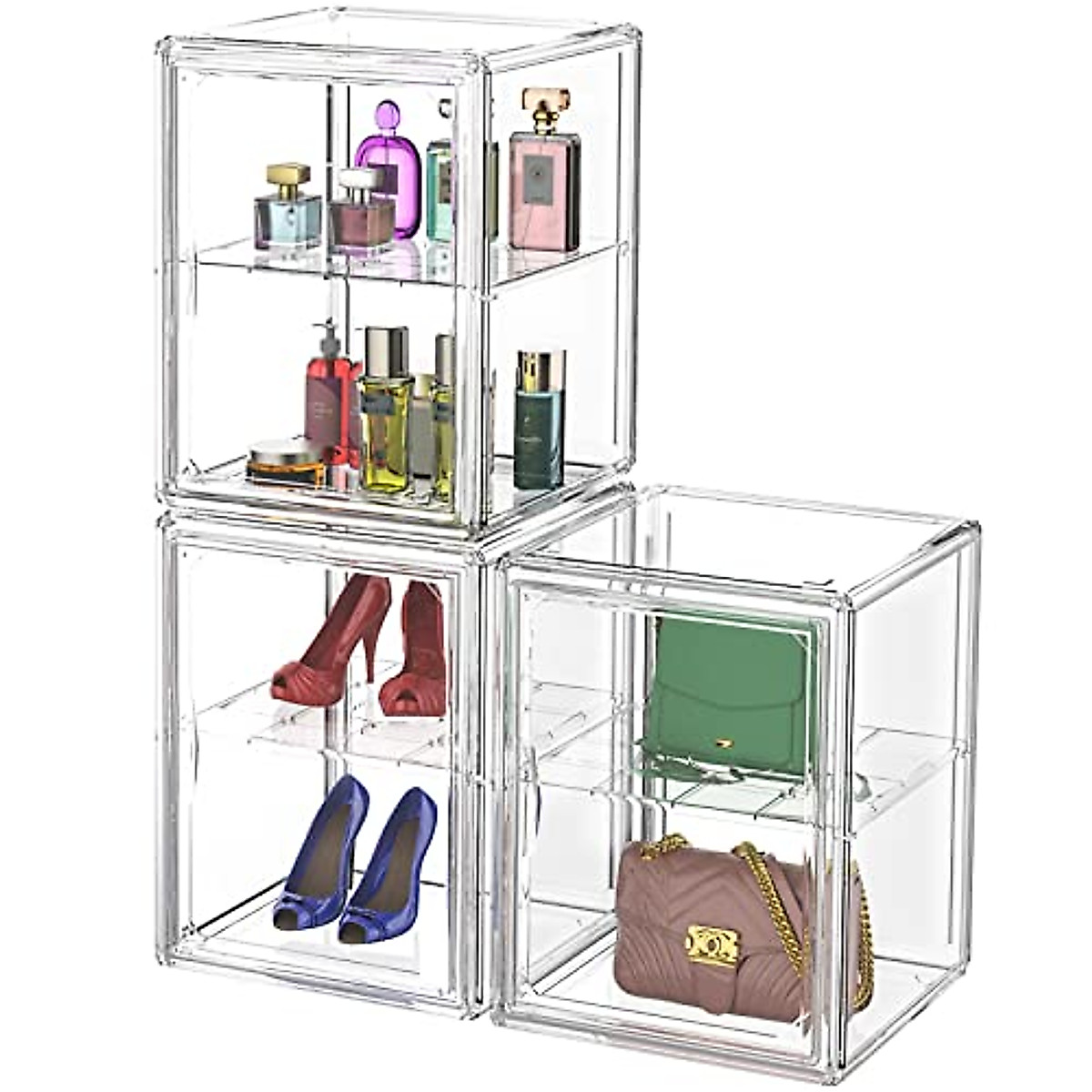 NiHome Clear PET Plastic Purse Handbag Display Case Magnetic Door Storage Organizers for Closet 3-Pack, Anti Dust Stackable Bag Container Boxes for Collectibles Wallets Cosmetics Books Toys (Large)