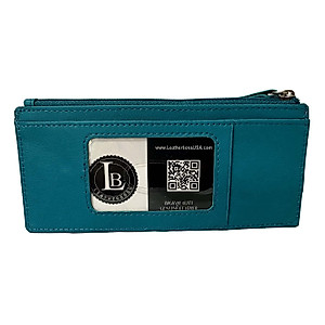 Leatherboss Genuine Leather Women's All in One Credit Business Card Case Holder Slim Zipper Wallet With a Card Protection Strap, Teal Blue